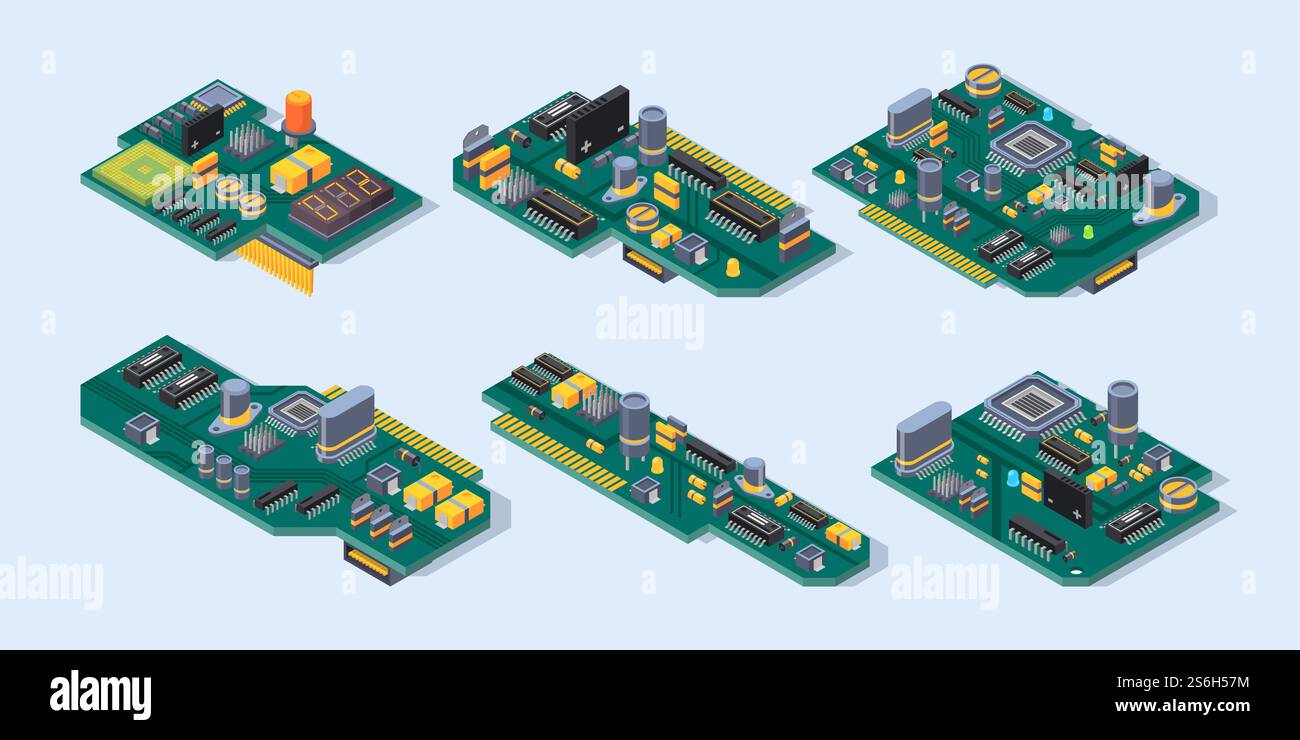Carte mère isométrique. Ensemble vectoriel de composants ELECTRONIQUES a semi-conducteurs a ...