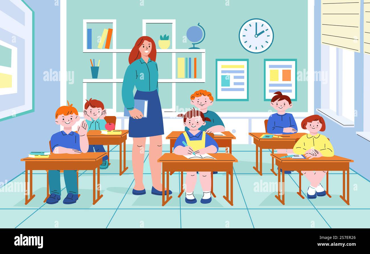 Élèves et professeur. Cours de groupe, enfant plat en classe. Heureux ...