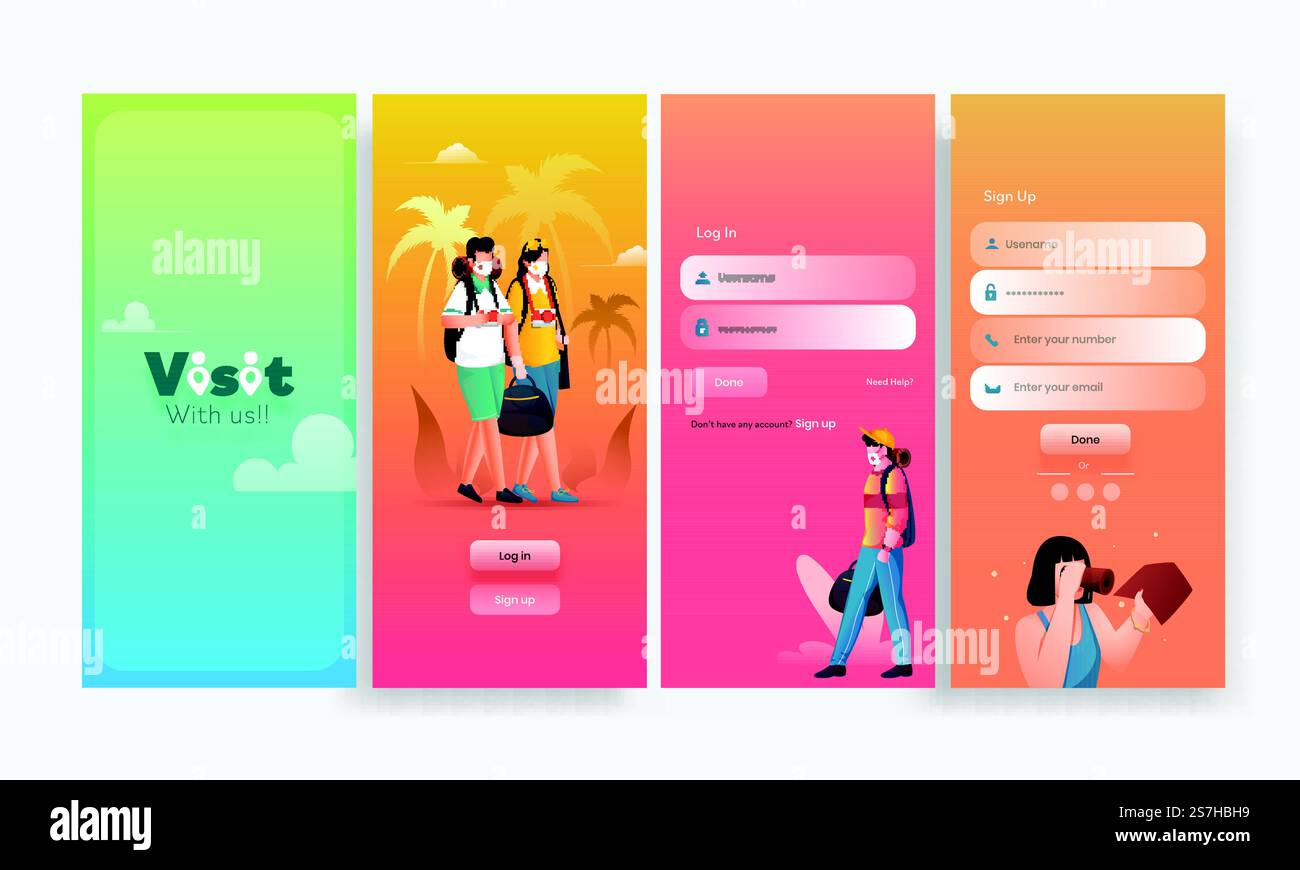 Ensemble d'écrans UI, UX, GUI visitez App tels que connexion, Créer un ...