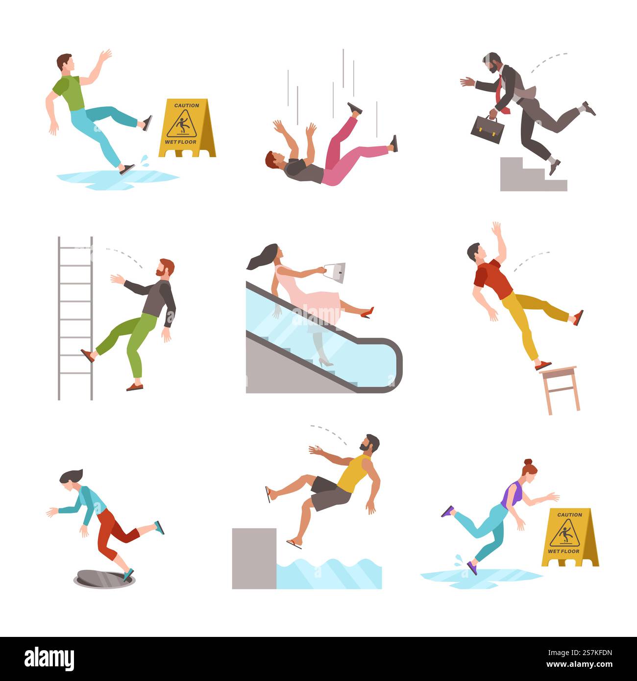 Chute des gens. Chute dans les escaliers, escalier mouillé glissant ...