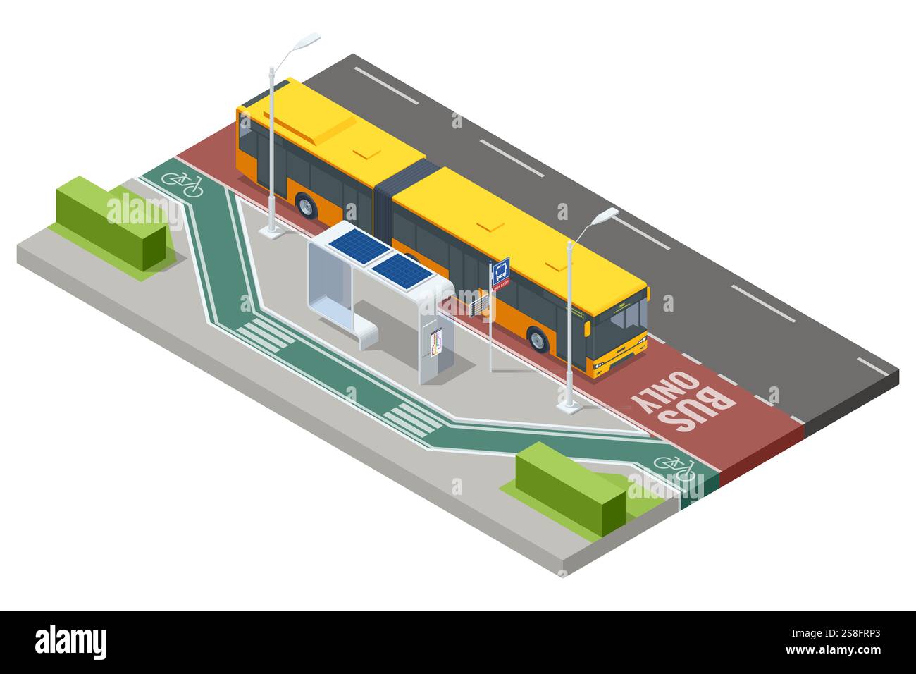 Illustration vectorielle isométrique d'un arrêt de bus avec un bus ...