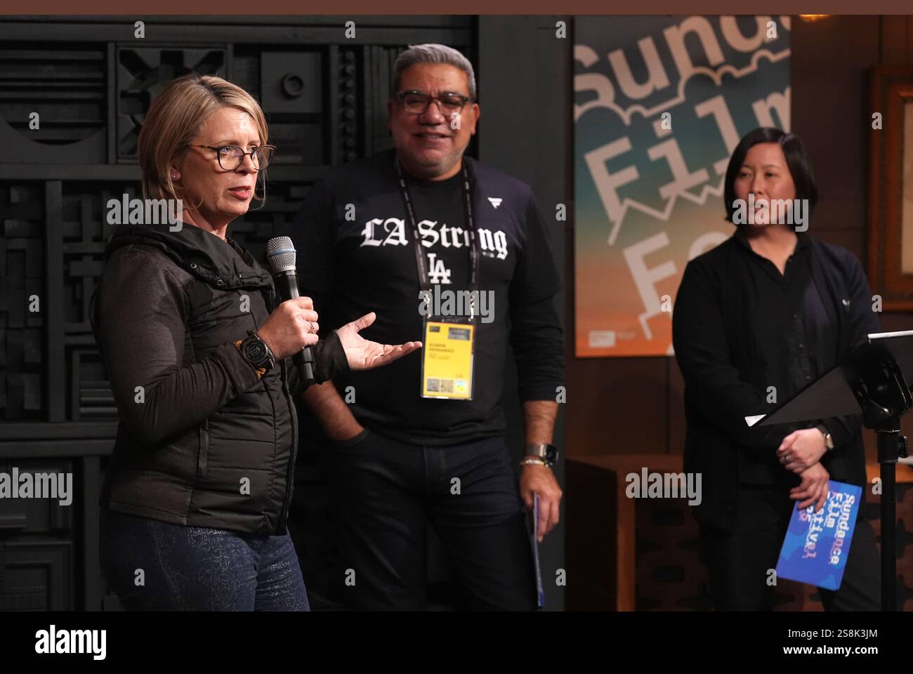 Sundance Institute Acting CEO Amanda Kelso, left, addresses reporters ...