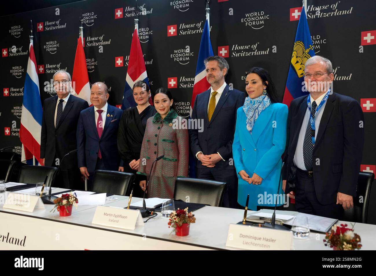 Switzerland's Economy Minister Federal Councillor Guy Parmelin, from left, Thailand's Minister ...