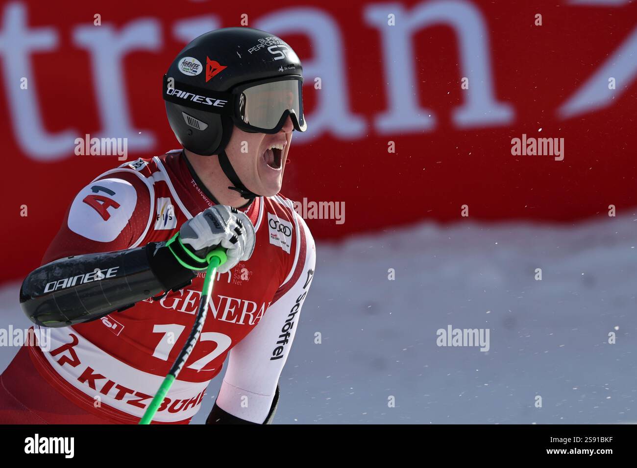 Austria's Raphael Haaser celebrates at the finish area of an alpine ski ...