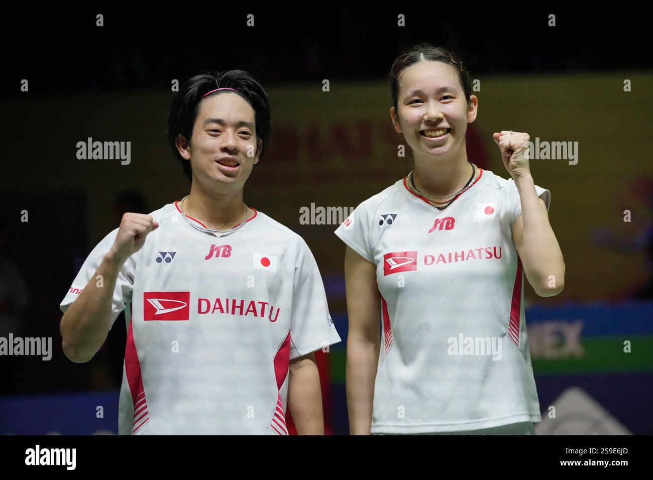 Japan's Hiroki Midorikawa, left, and Natsu Saito celebrate after defeating China's Guo Xinwa and ...