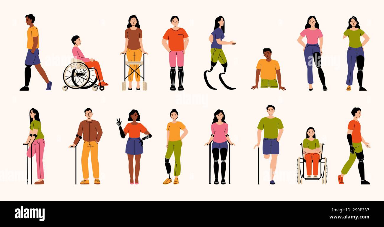Groupe diversifié de personnes handicapées. Montrer des hommes et des ...