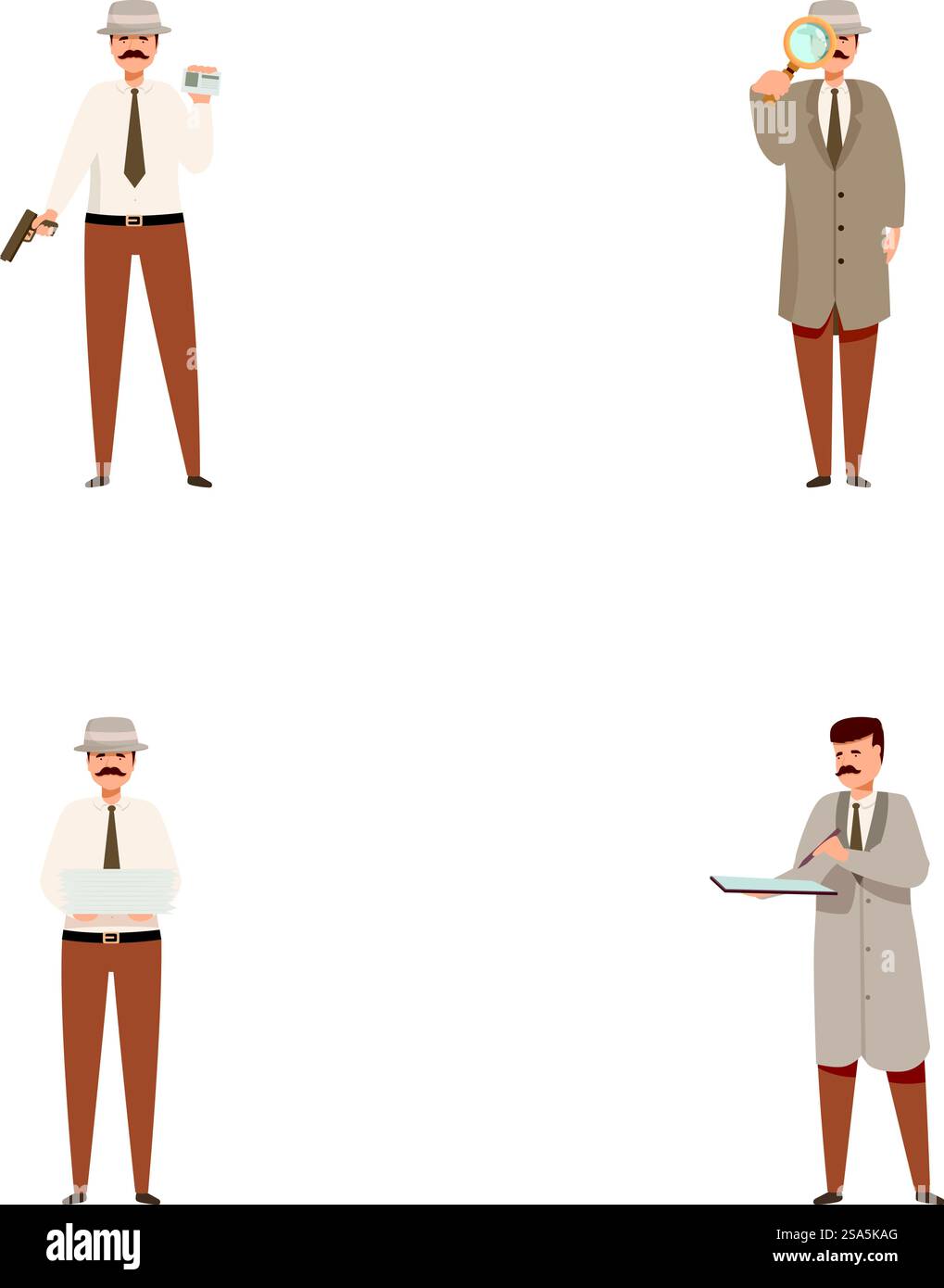 Collection de quatre détectives illustrés avec loupe, pistolet et ...