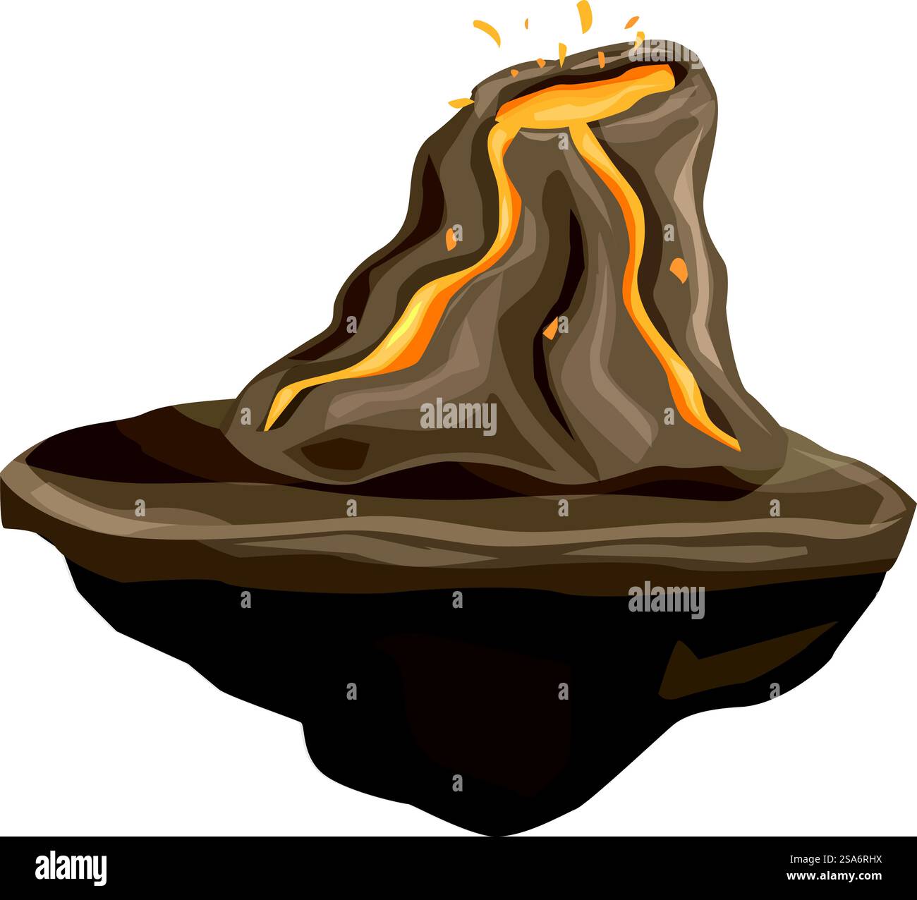 Volcan en éruption sur une île flottante, projetant de la lave fondue ...