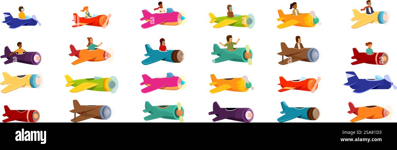 Jeu d'icônes d'avion volant pour enfants. Les pilotes volent des avions ...