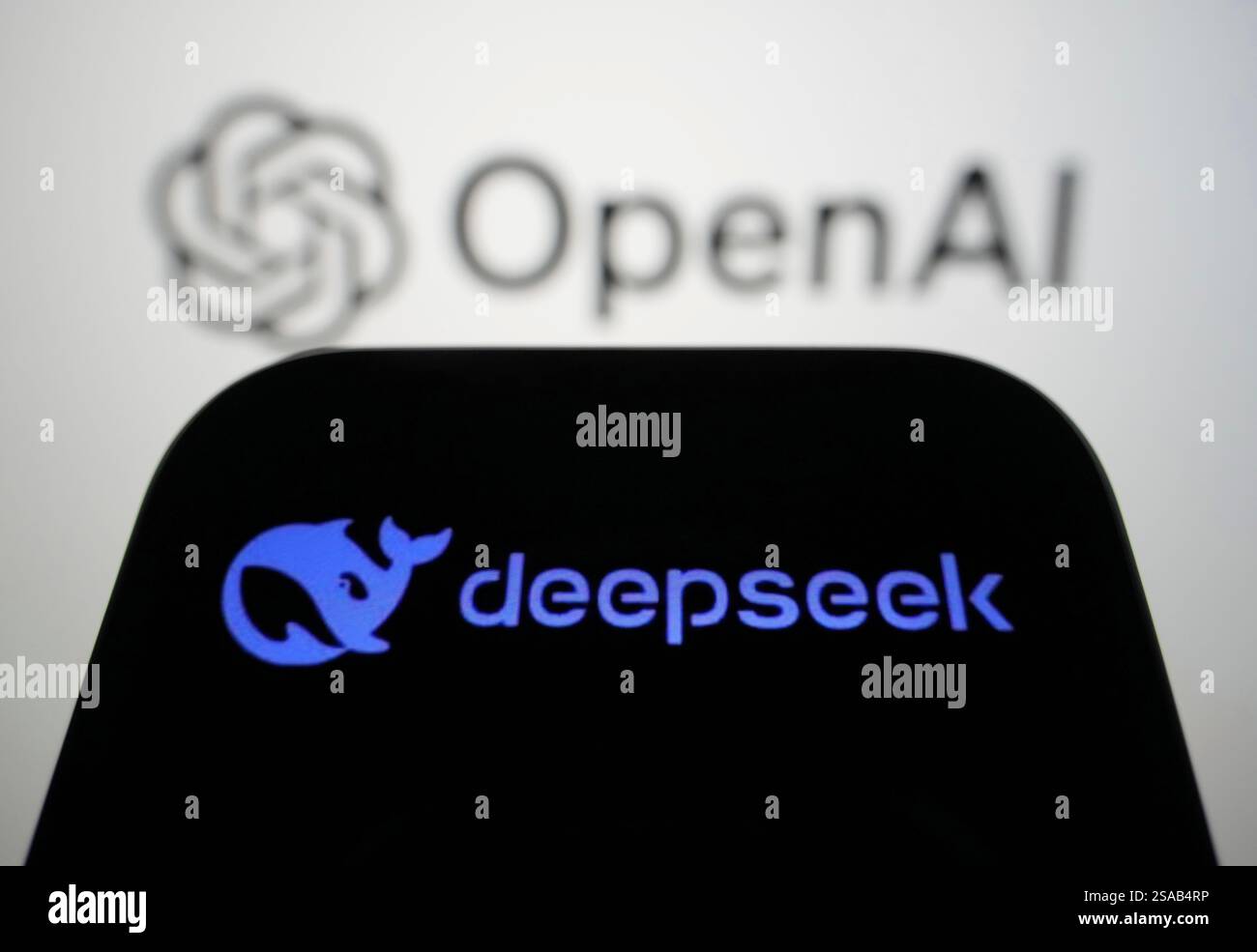 Logos of deepseek and OpenAI, Microsoft are displayed on a monitor in ...