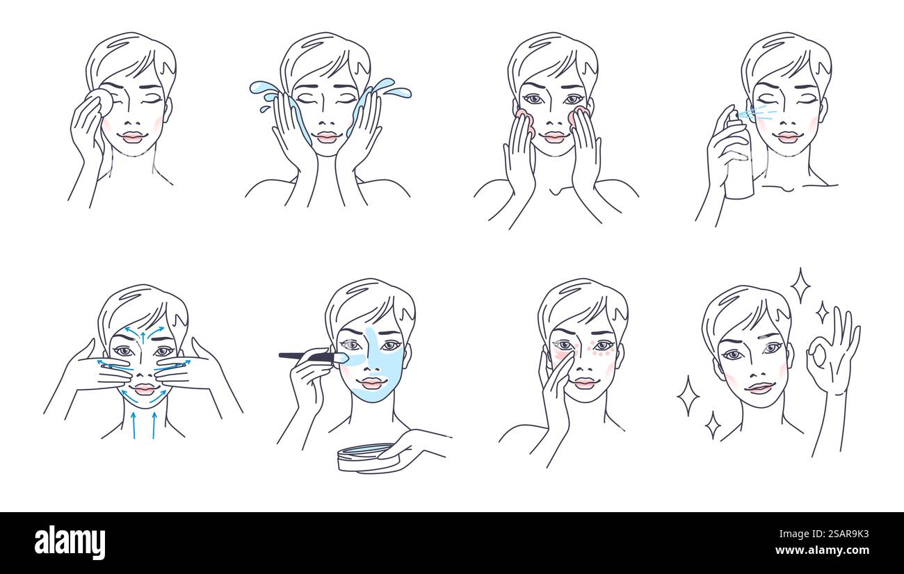 Étapes de soin de la peau. Séquence des procédures de routine beauté ...