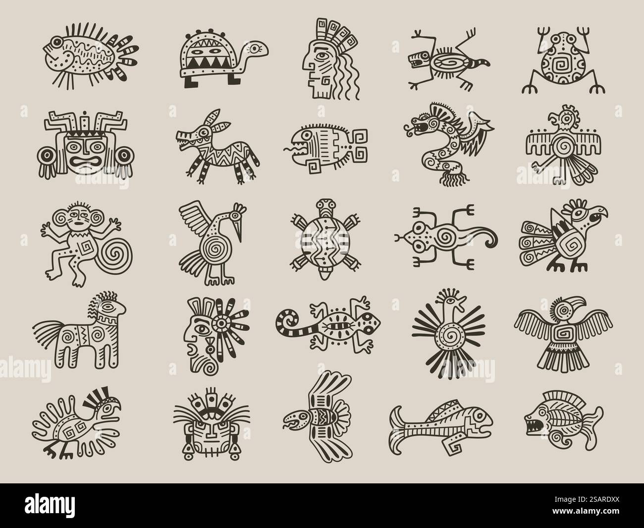 Animaux aztèques. Symboles tribaux mexicains objets graphiques maya ...