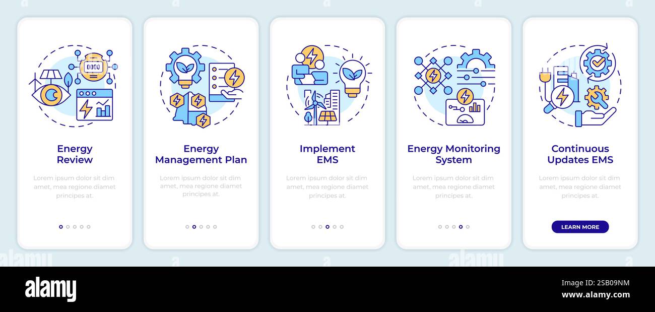 Écran d'intégration de l'application mobile des étapes du système EMS. Instructions graphiques ...