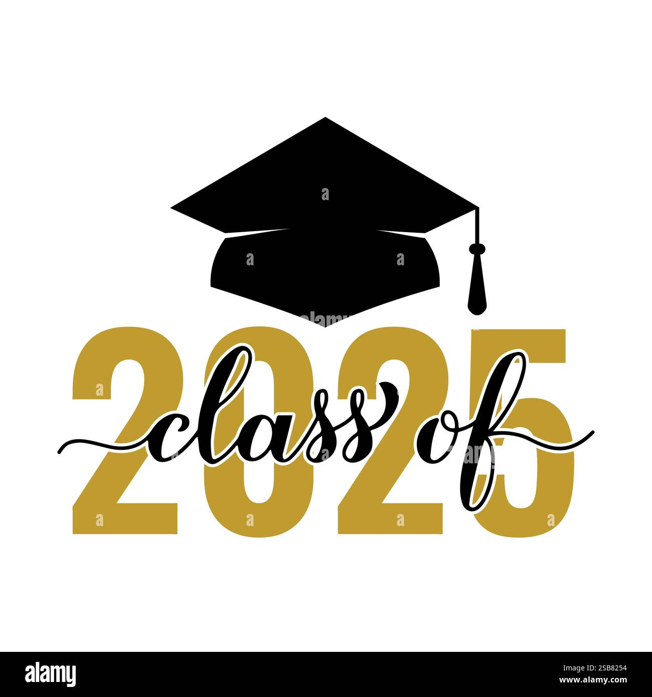 Classe de 2025 lettrage avec capuchon de graduation isolé sur blanc ...