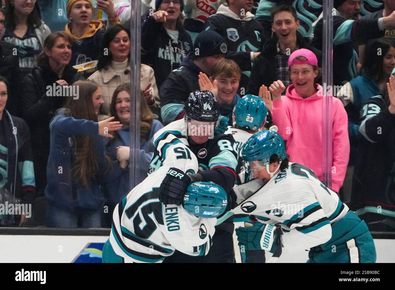 Seattle Kraken right wing Kaapo Kakko (84) fights with San Jose Sharks ...