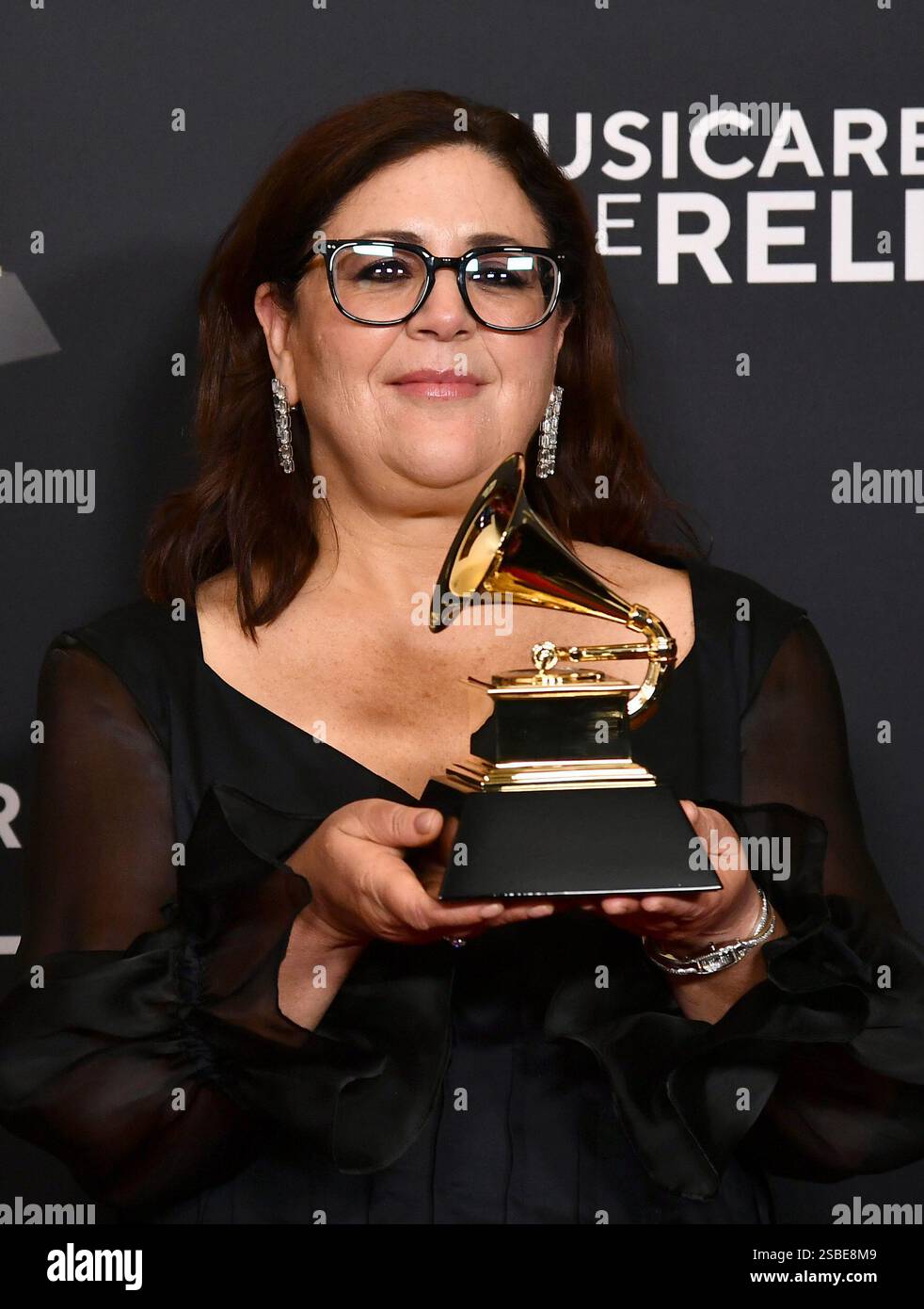 Gabriela Ortiz poses in the press room with the award for best contemporary classical ...