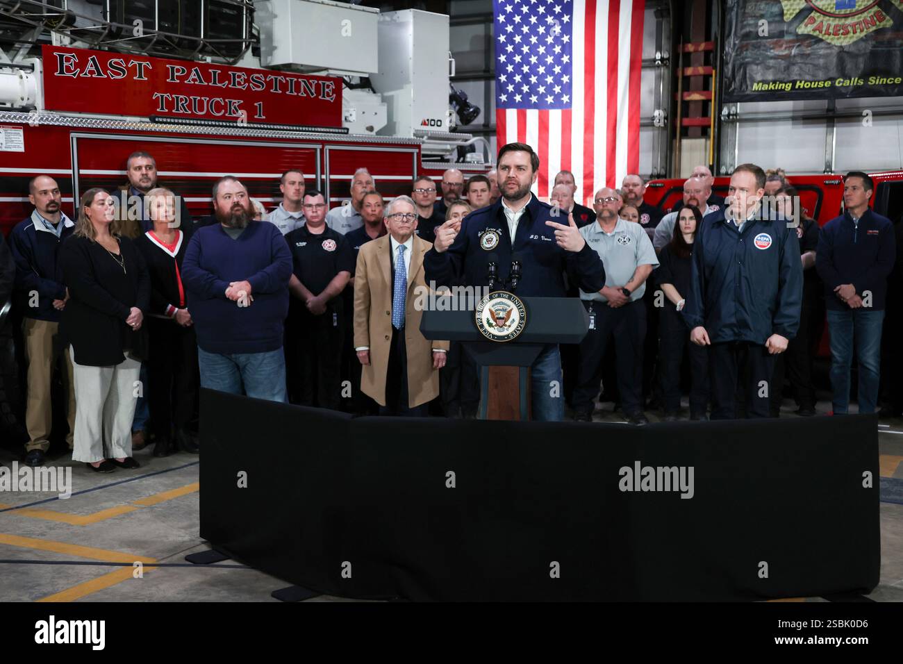 Vice President JD Vance speaks at the East Palestine Fire Department as ...