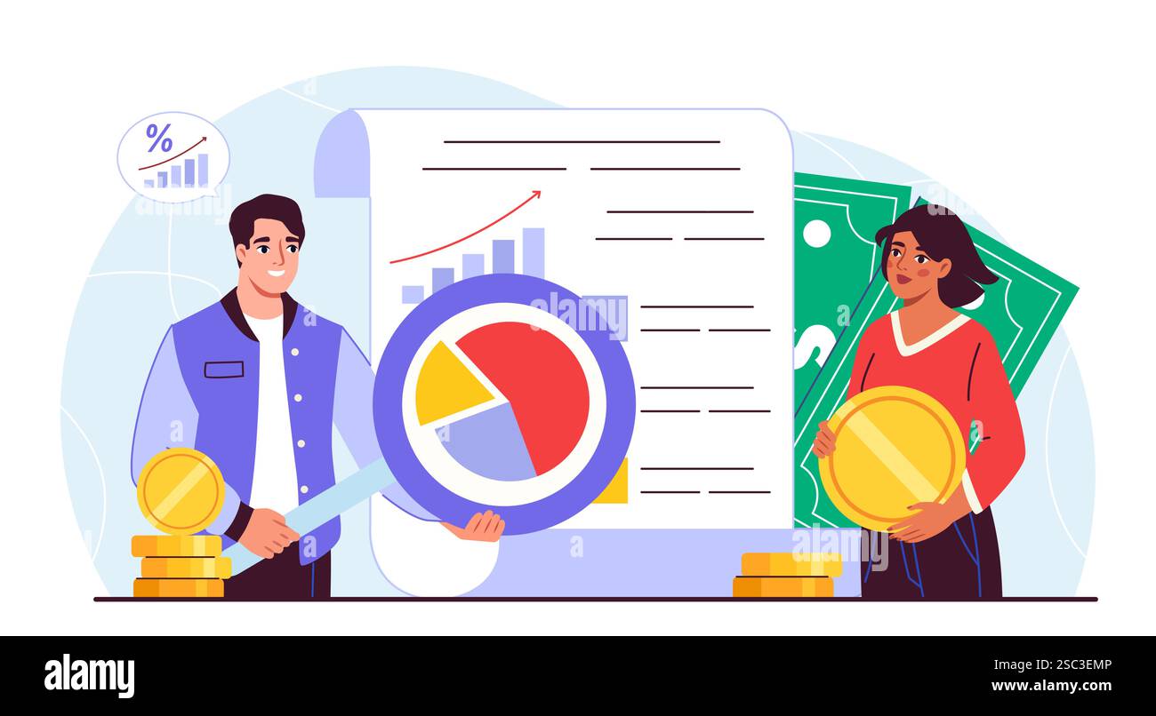 Les gens évaluent les finances. La femme et l'homme avec la loupe ...