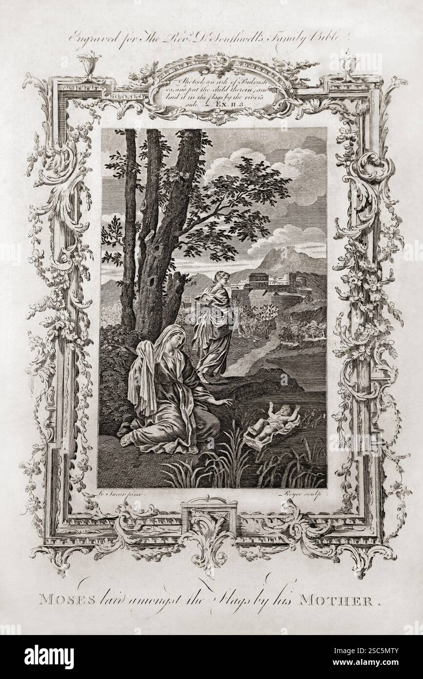 Gravure sur cuivre de Moïse posée parmi les drapeaux par sa mère (Exode ...
