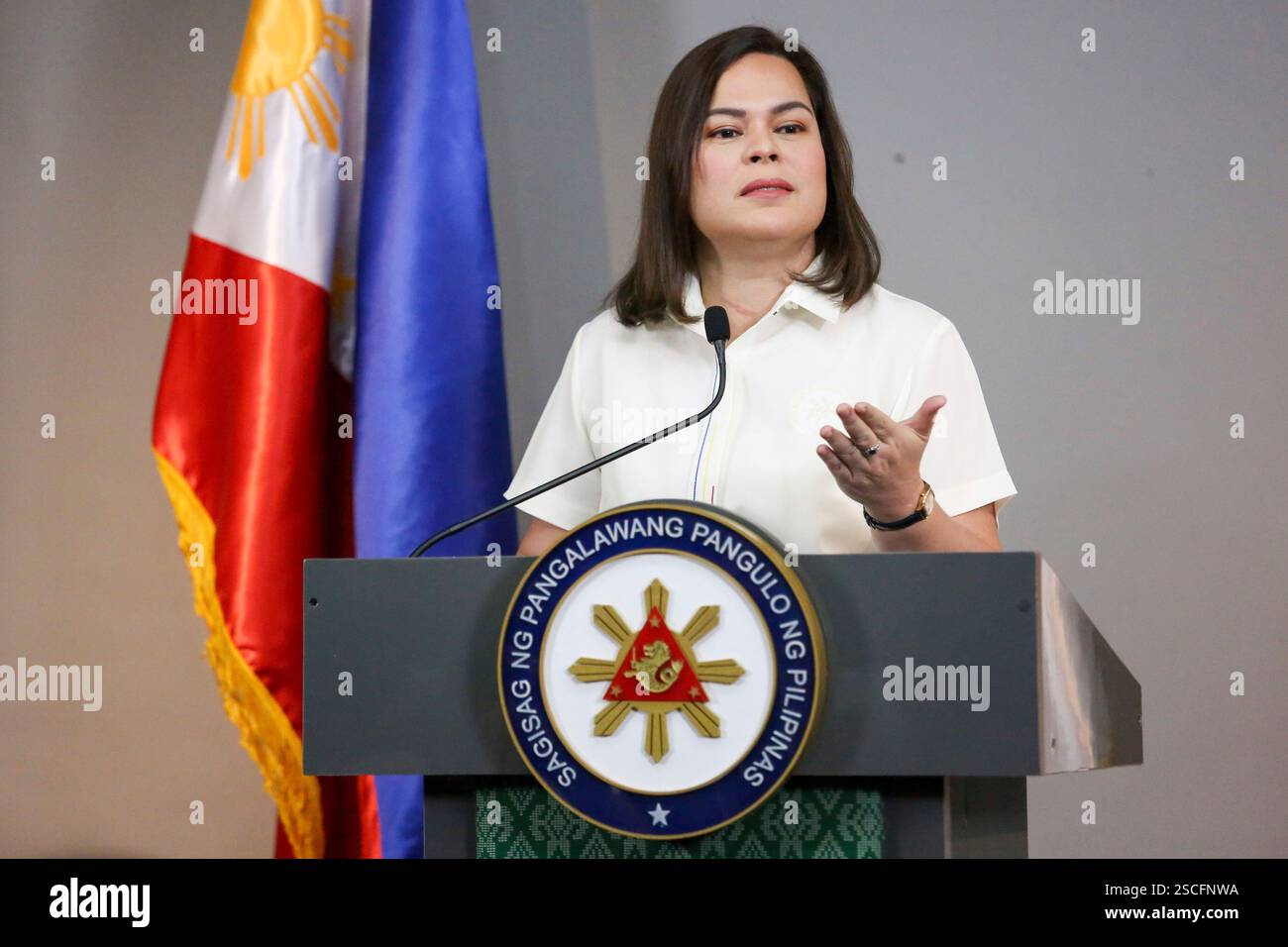 Philippine Vice President Sara Duterte gestures as she speaks during a ...
