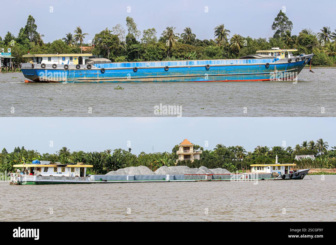 Cargo / barge déchargé et chargé de sable sur le delta du Mékong, la ...