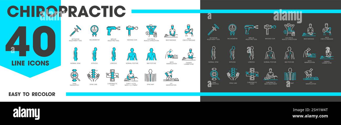 Icônes de ligne de médecine chiropratique de la thérapie ...