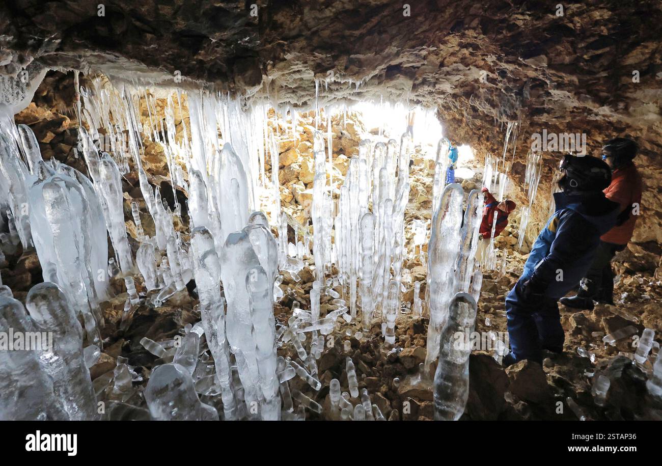 A photo shows an ice stalagmite in Hyakujojiki Cave in Date City, the ...