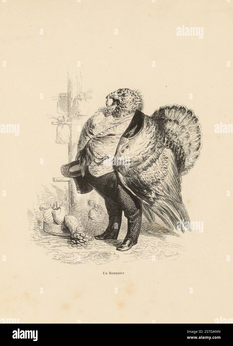 Caricature d'une dinde agissant comme un banquier, élégamment vêtue de ...