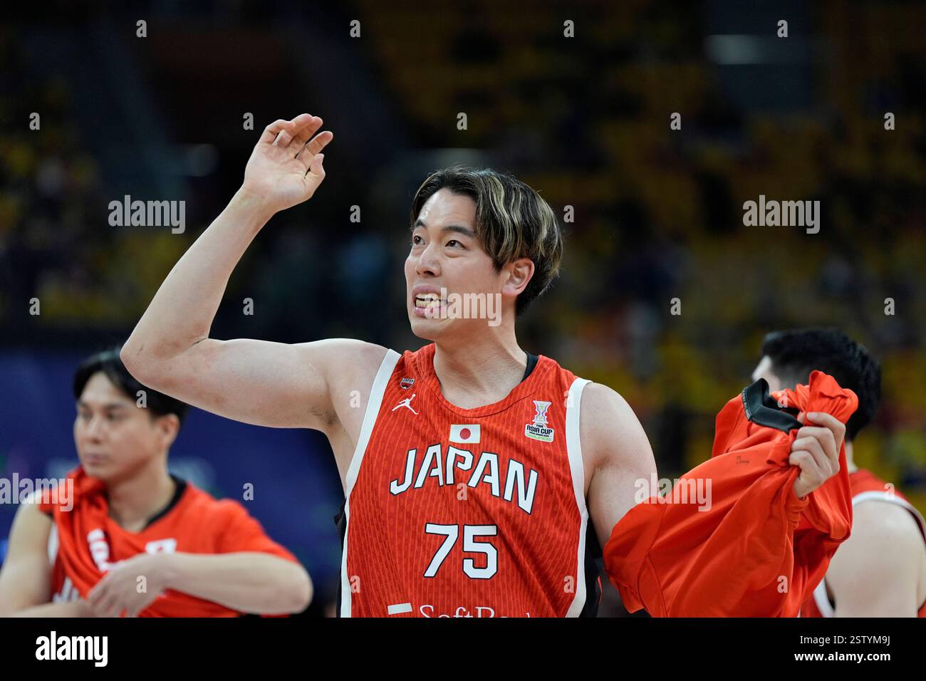 Japan's Soichiro Inoue react before a FIBA Asia Cup 2025 Qualifier between Japan and China at ...