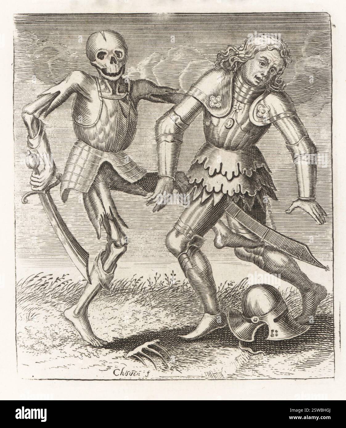 Cadavre de la mort avec le chevalier. Squelette en pectorale tenant un ...