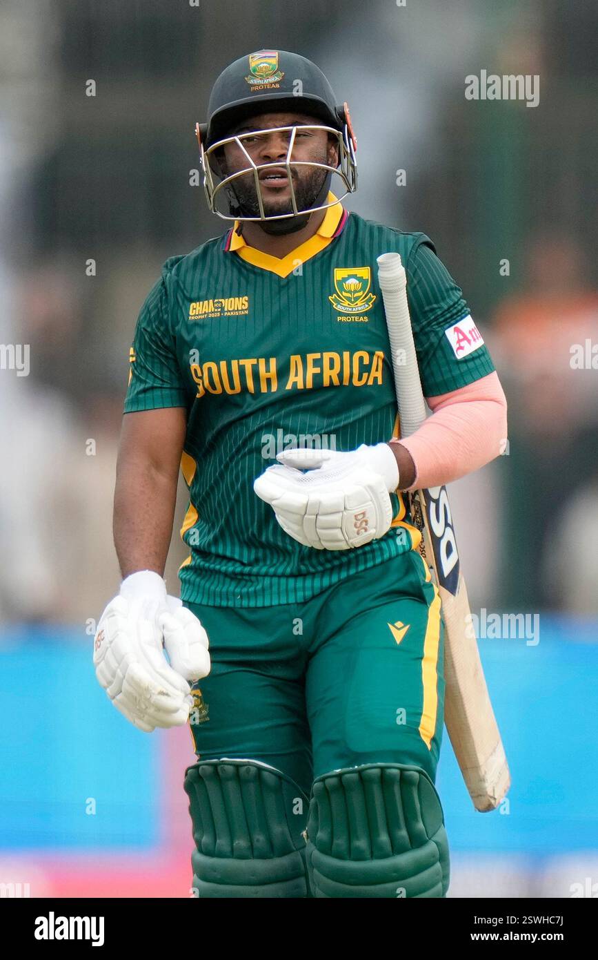 South Africa's Temba Bavuma reacts as he walks off the field after his ...