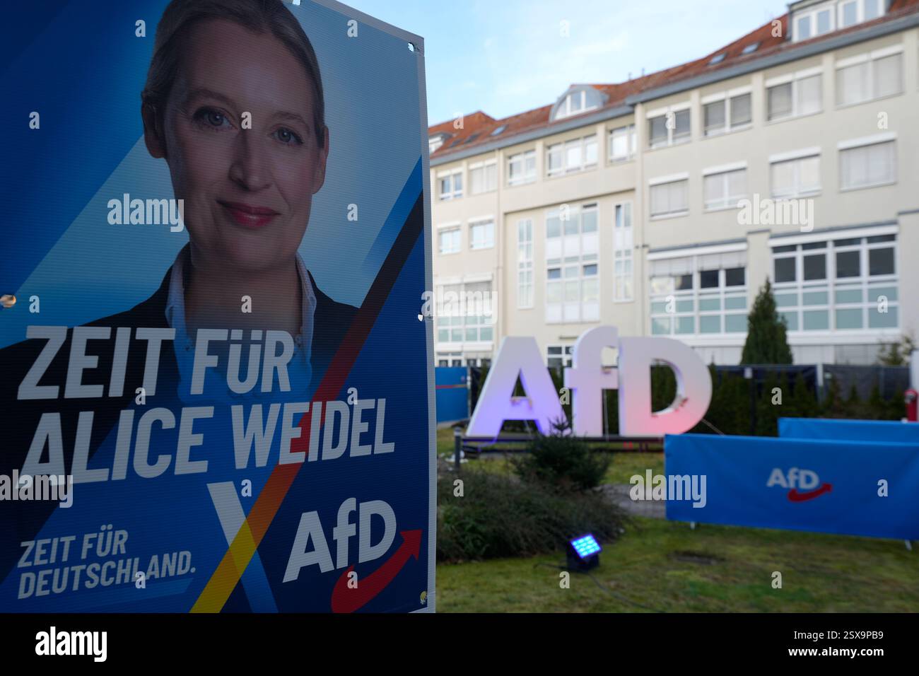 Poster with leader of far right AfD Alice Weidel is placed at the AfD ...