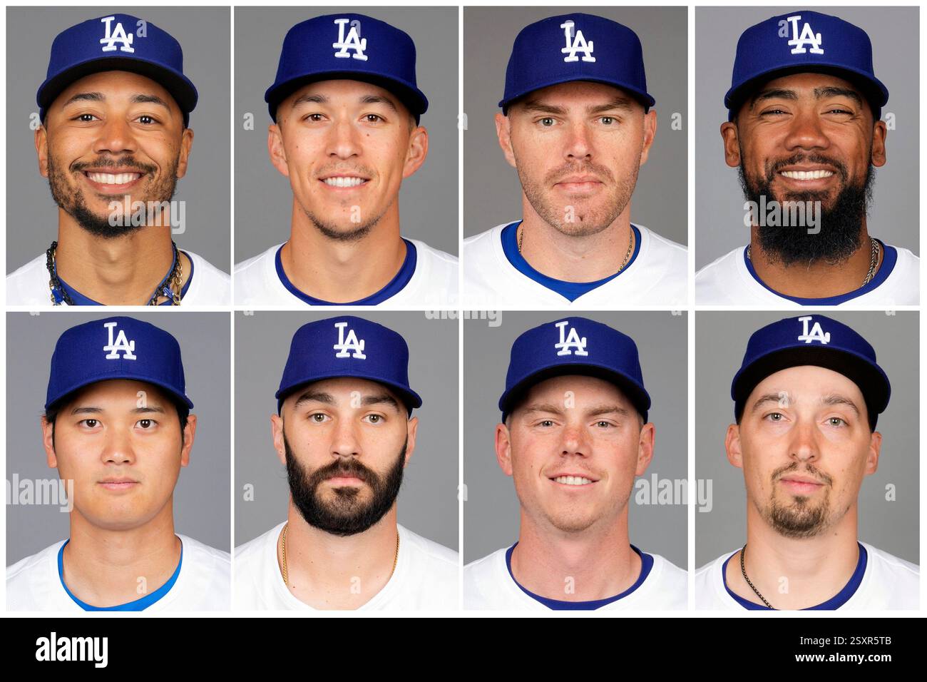 This combo of 2025 file photos show, Los Angeles Dodgers players, top row from left, Mookie ...