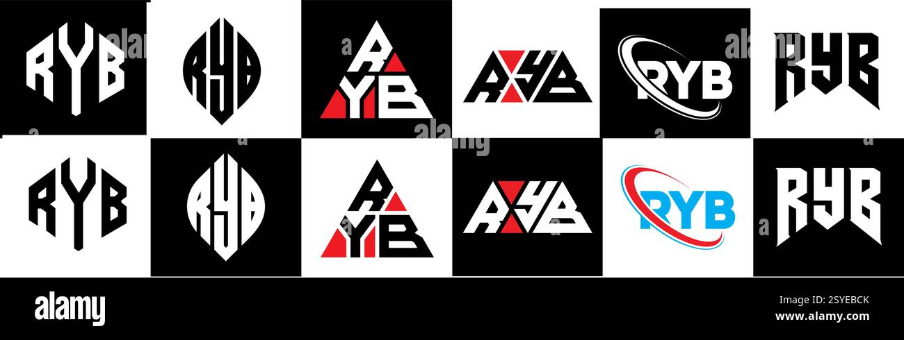 Design de logo de lettre RYB dans le style six. Polygone RYB, cercle ...