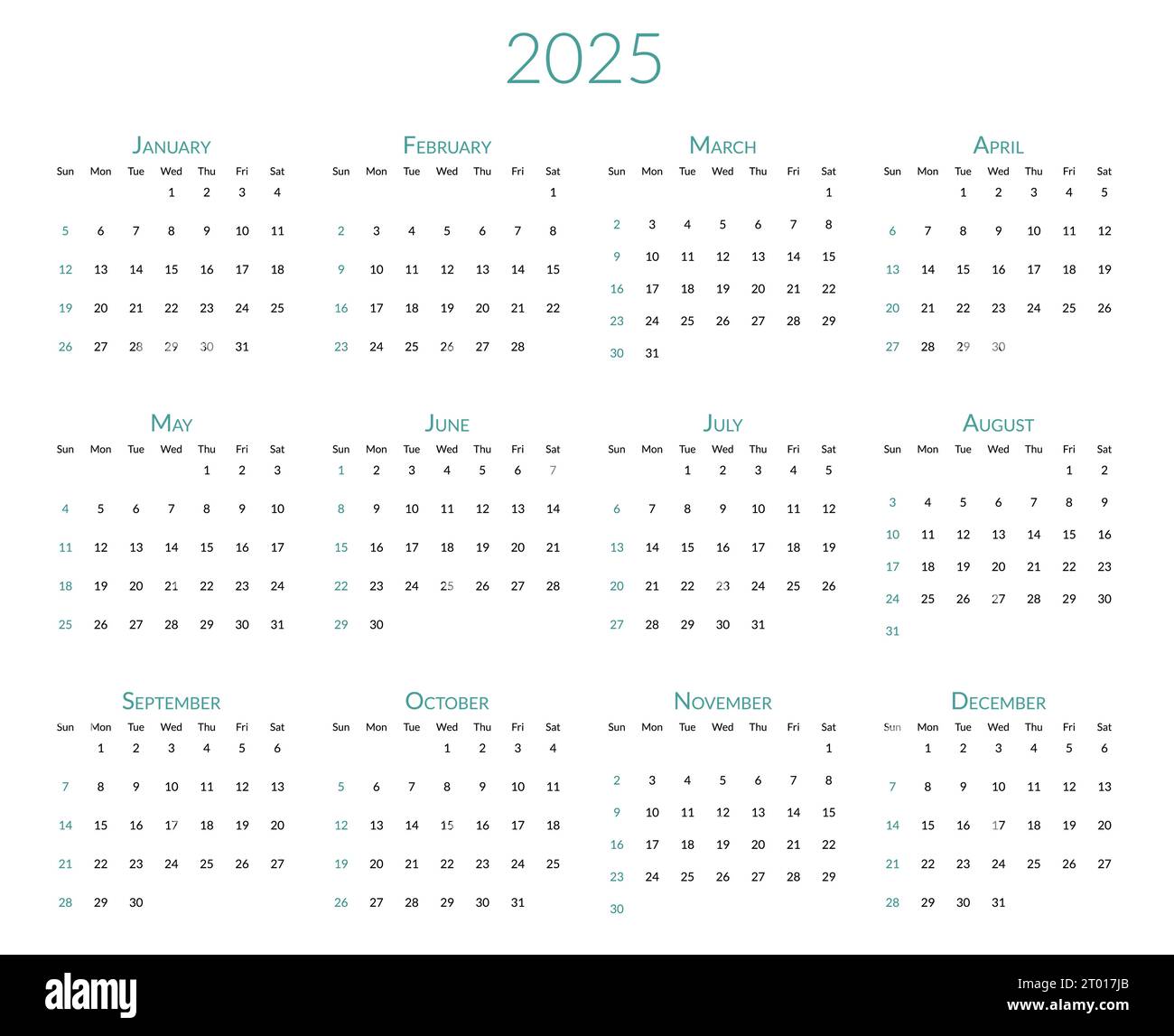 calendrier de 2025 ans. La semaine commence le dimanche. Modèle de ...