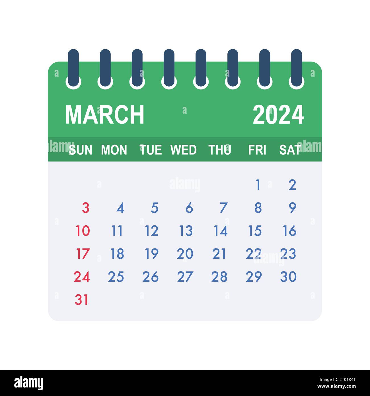 Feuille du calendrier de mars 2024. Calendrier 2024 en style plat ...