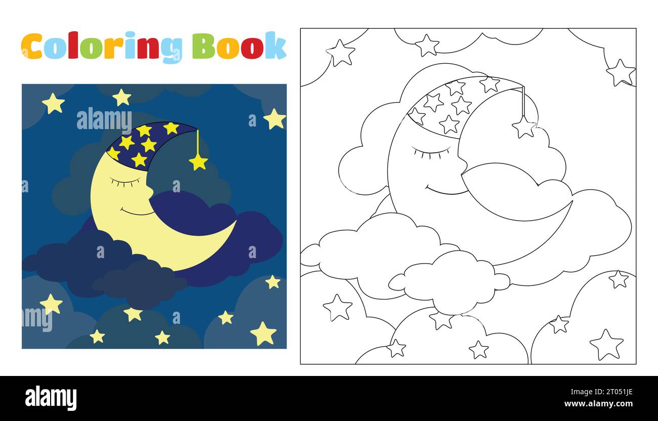 Livre de coloriage pour les enfants mignon lune dans un bonnet de nuit ...