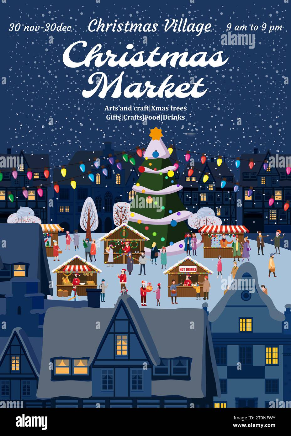 Affiche marché de Noël, place de la ville. Carte de fête de Noël avec ...