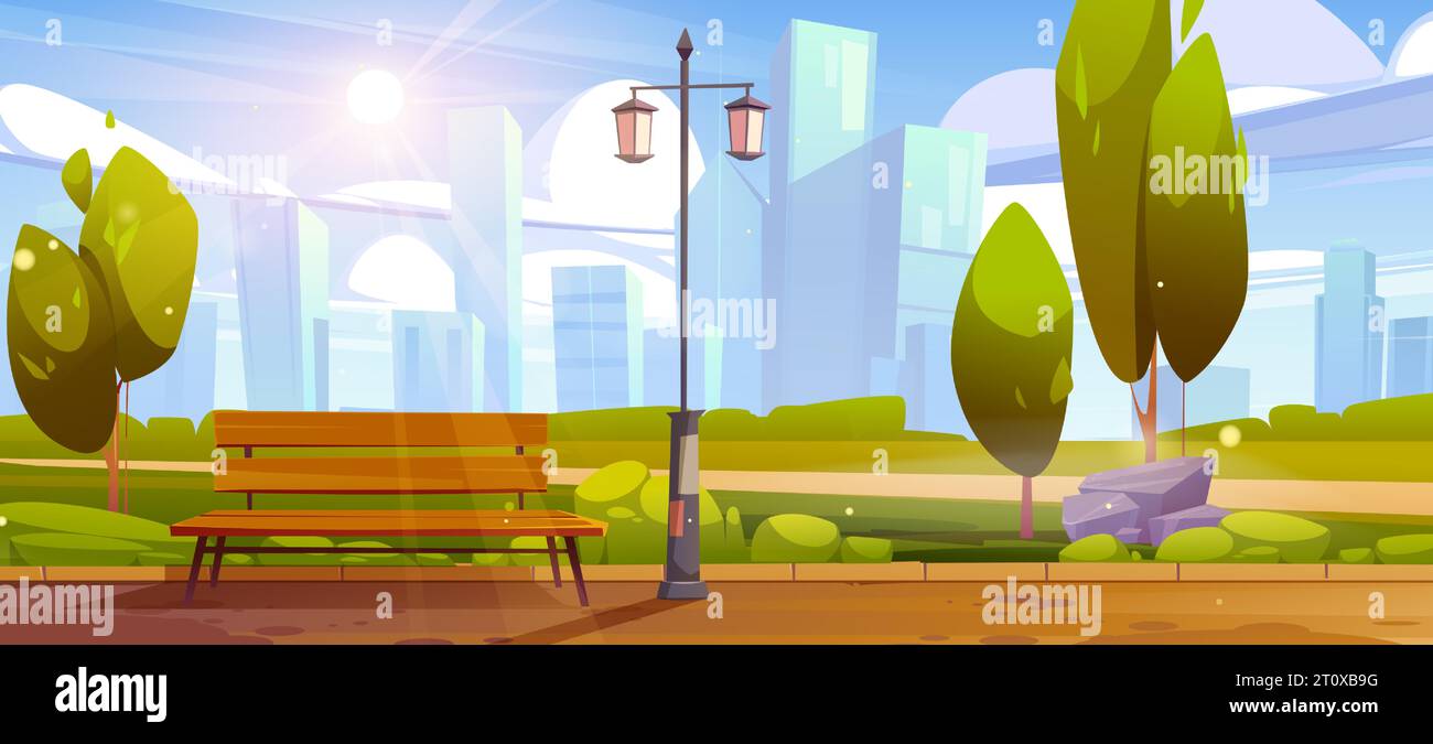 Parc de ville avec banc dans fond de dessin animé de jardin. Lieu naturel public extérieur pour ...