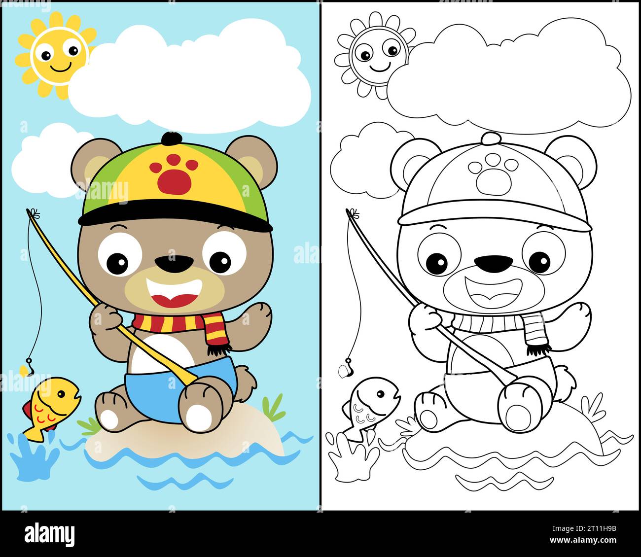 vecteur de livre de coloriage ou de page avec la pêche de dessin animé ... vecteur de livre de coloriage ou de page avec la pêche de dessin animé ...