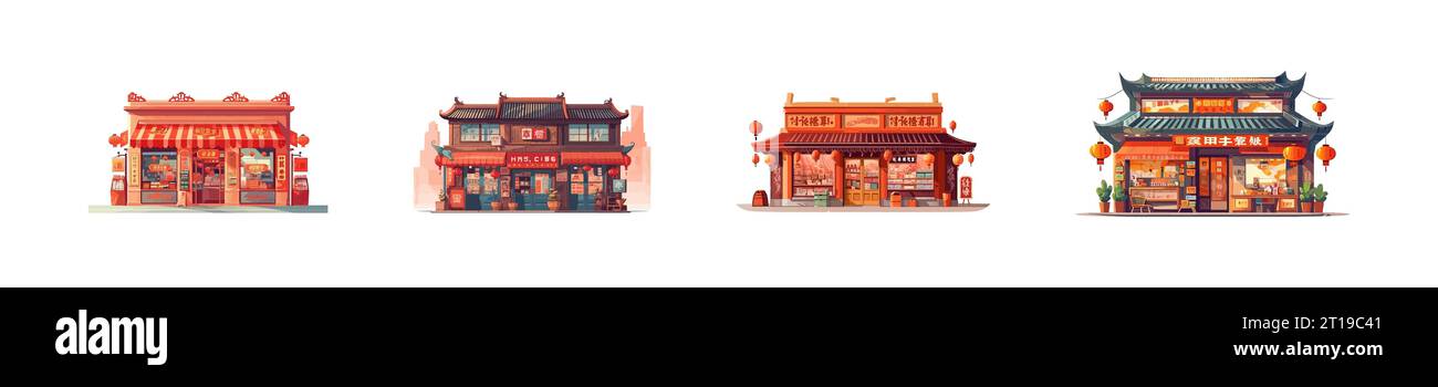 Bâtiment de magasin chinois ensemble dessin animé plat isolé sur fond ...