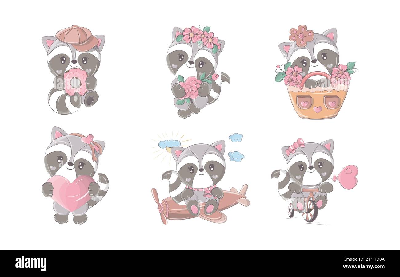 Ensemble de raton laveur isolé Cartoon. Collection d'illustrations d ...