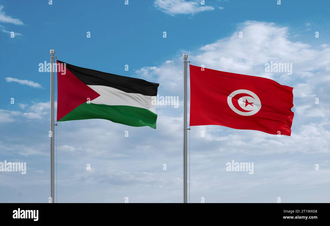La Tunisie et la Palestine et les drapeaux de la bande de Gaza agitant ...