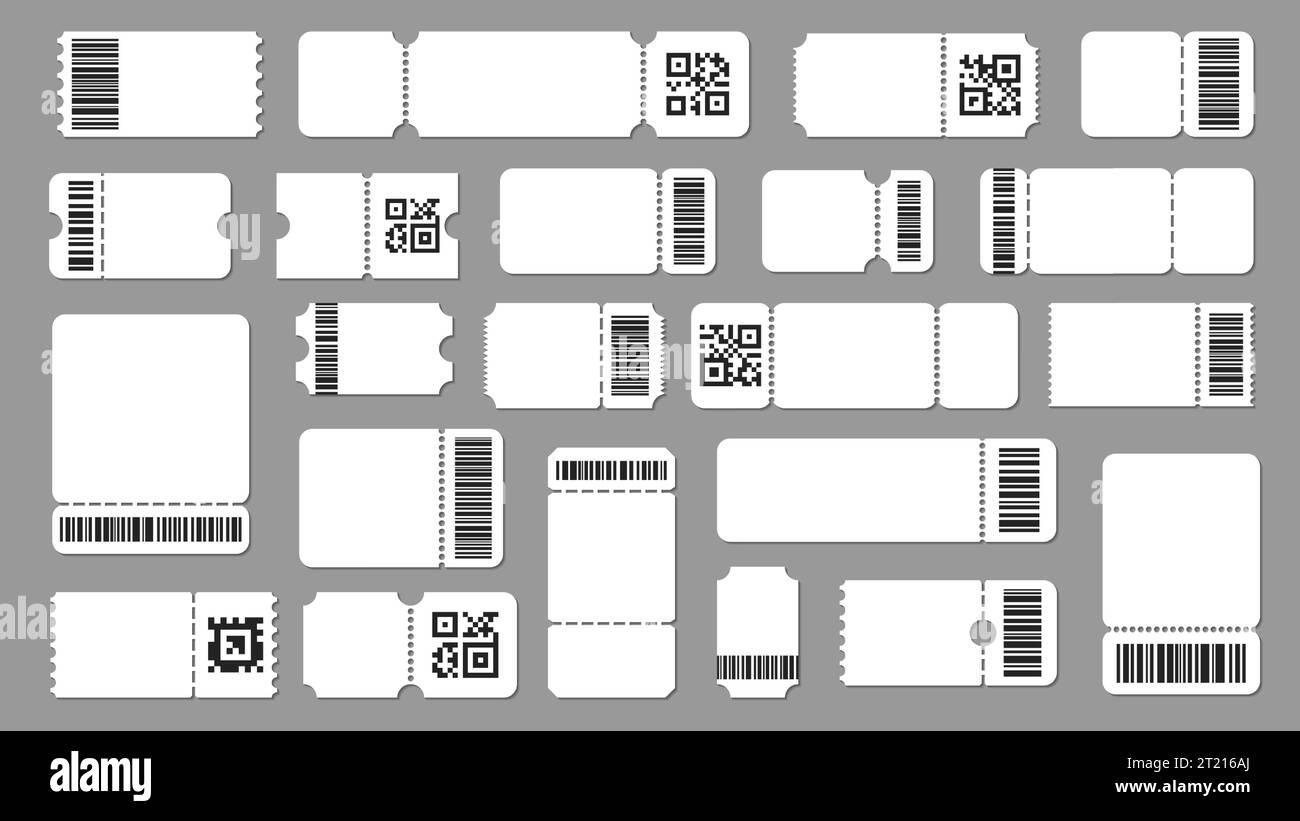 Modèle de ticket avec code. Étiquette de code-barres avec texte, billet ...