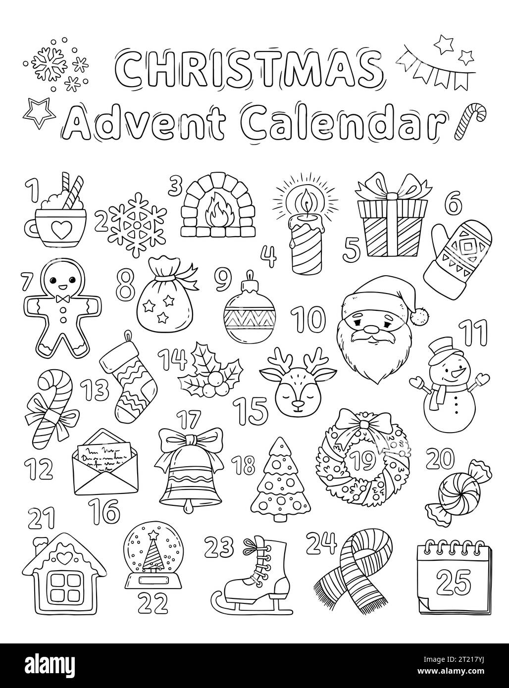 Calendrier de l'AVENT à colorier de Noël. Affiche vectorielle dessinée ...