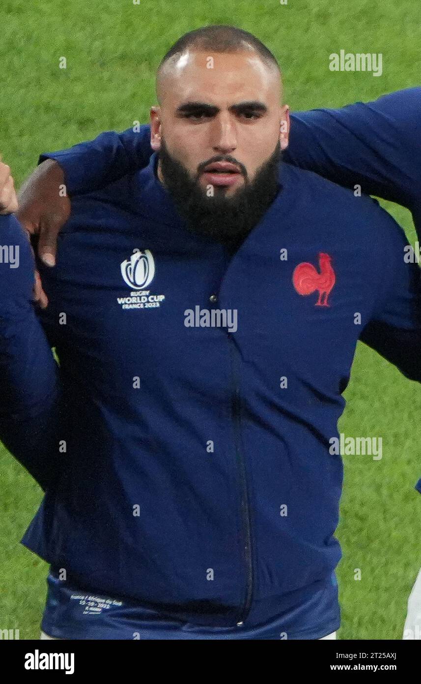 Reda Wardi de France lors de la coupe du monde 2023, match de rugby à XV en quart de finale ...