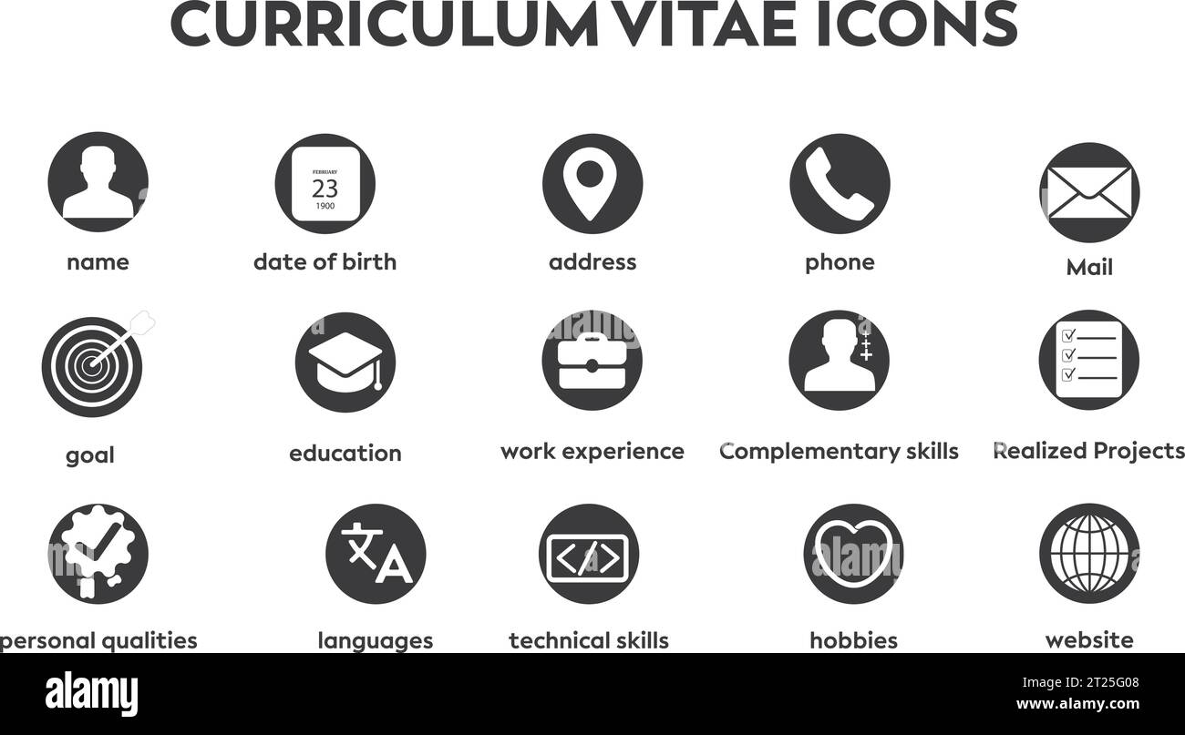 Ensemble d'icônes de conception moderne et pictogrammes pour CV et cv. Nom, date de naissance ...