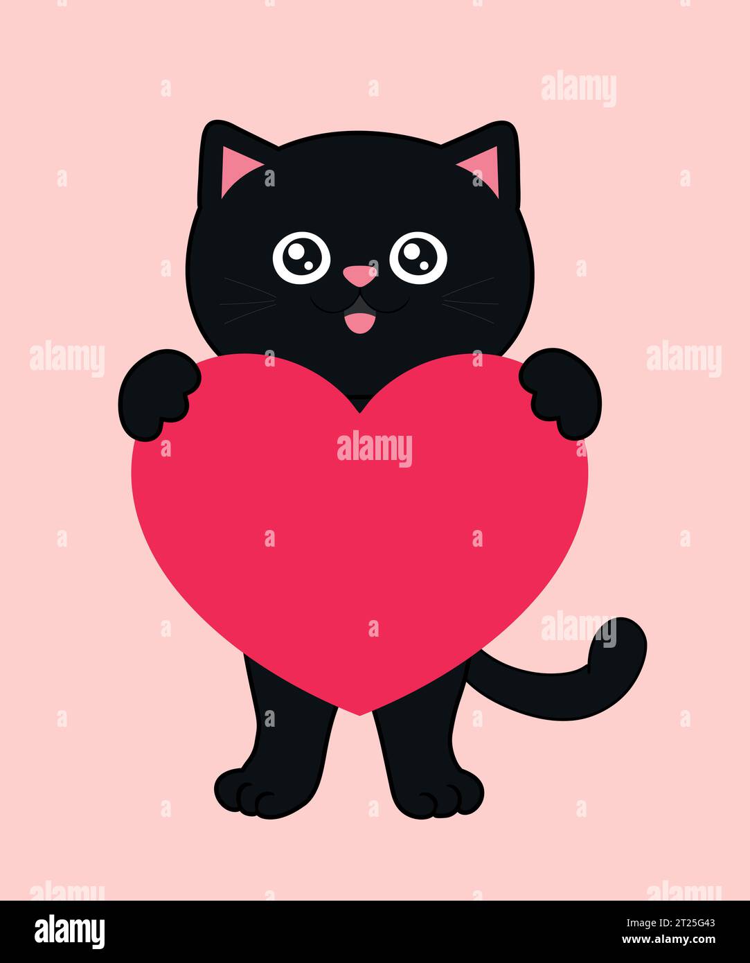 Mignon chat noir de dessin animé avec un cœur dans ses pattes. Modèle ...