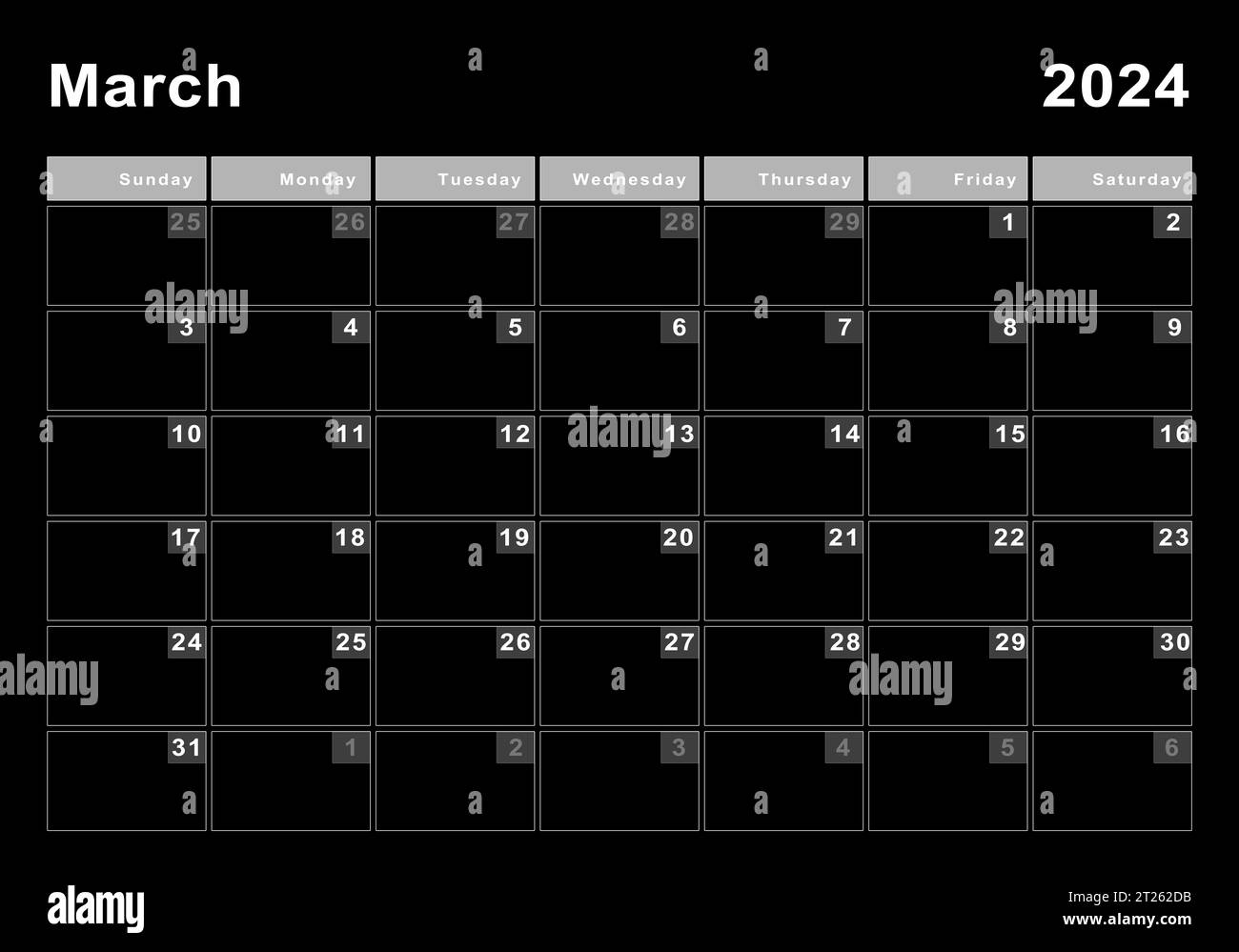Calendrier mars 2024, début de la semaine dimanche, design moderne ...