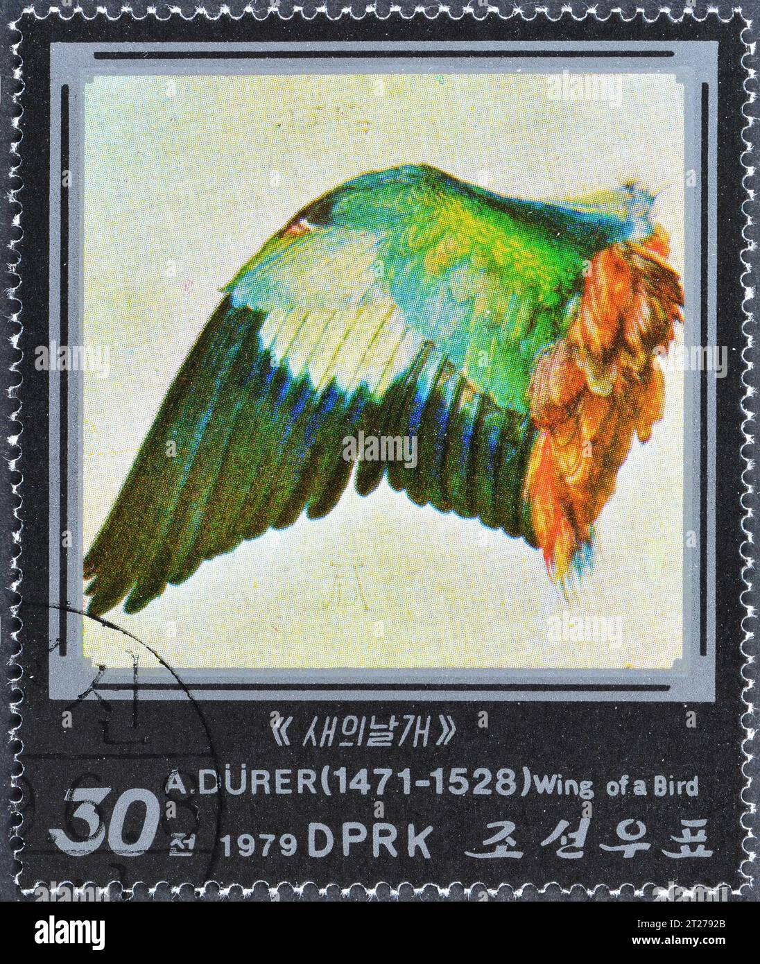 Timbre-poste annulé imprimé par la Corée du Nord, qui montre le tableau ...